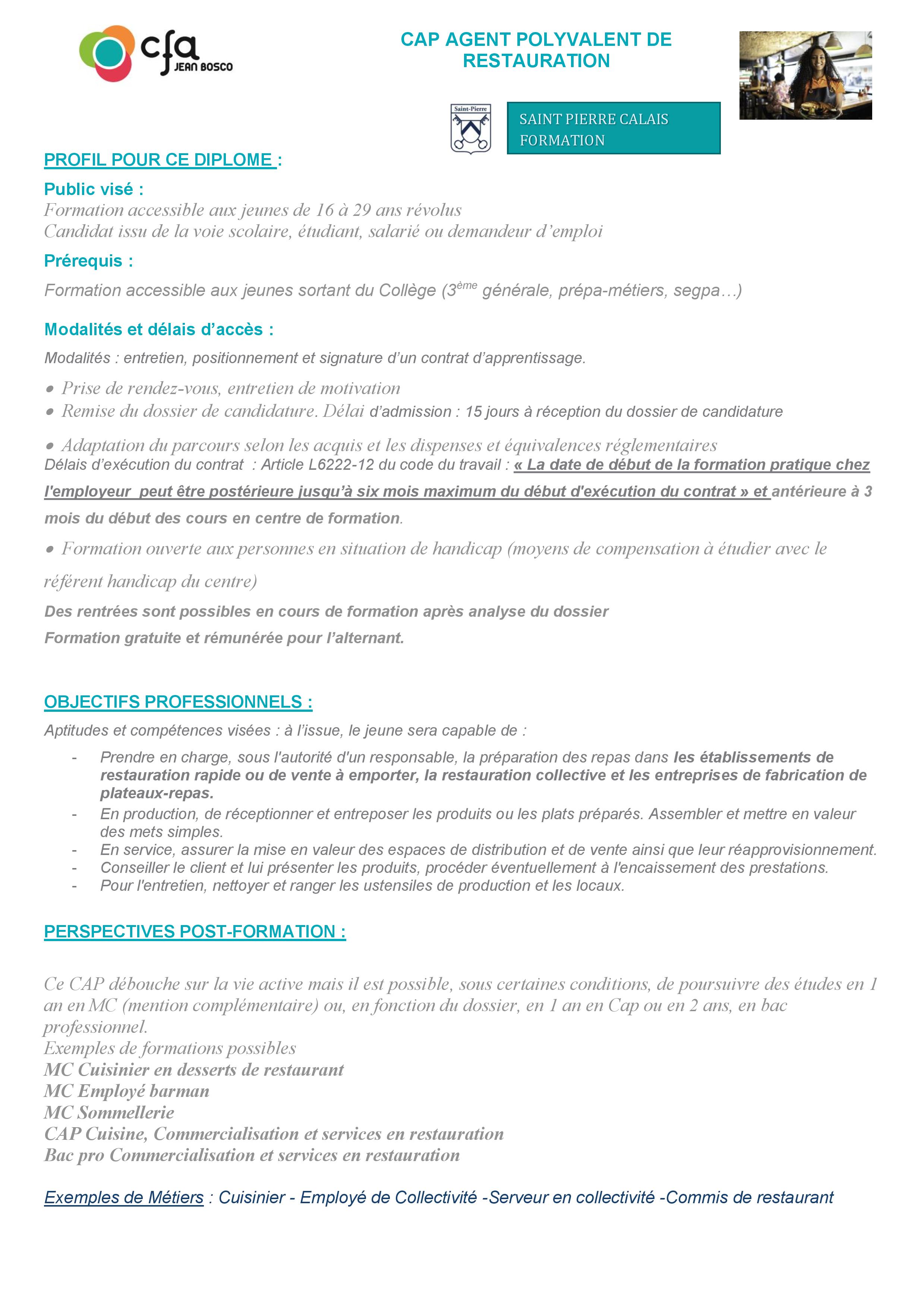 Centre Scolaire Saint-Pierre :: CAP Agent polyvalent de Restauration
